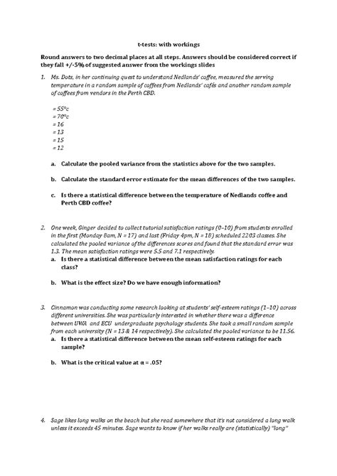 Psyc2203 Practice T Test Questions T Tests With Workings Round Answers To Two Decimal Places