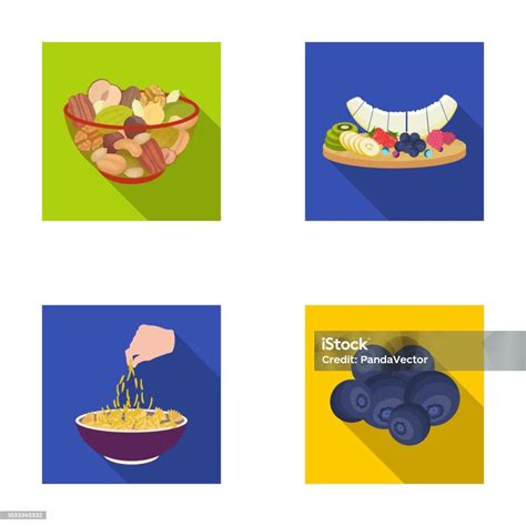 모듬된 견과 과일 및 다른 음식 음식 평면 스타일 벡터 기호 재고 일러스트 레이 션 웹에서 컬렉션 아이콘을 설정합니다 보울에 대한 스톡 벡터 아트 및 기타 이미지 Istock