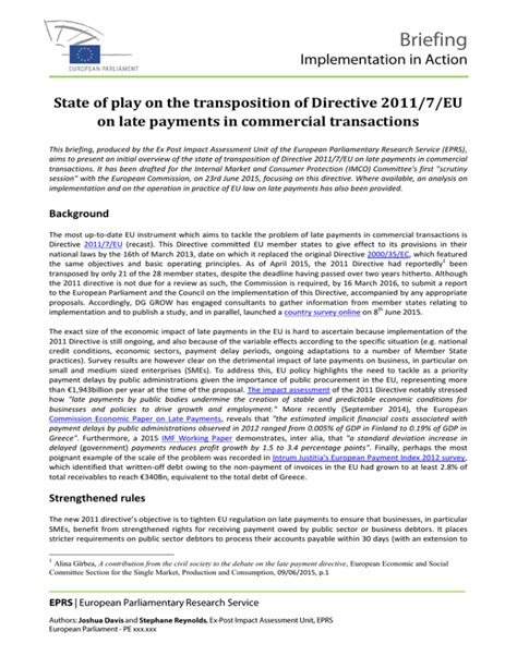 State Of Play On The Transposition Of Directive 20117eu On Late