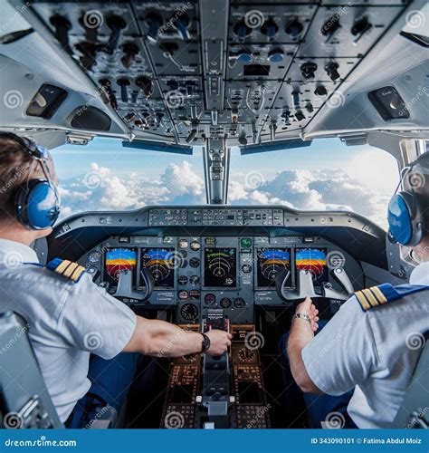 Airplane Cockpit With Pilots Displaying Flight Instruments And Clouded