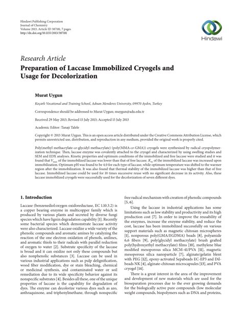 Pdf Preparation Of Laccase Immobilized Cryogels And Usage For Decolorization