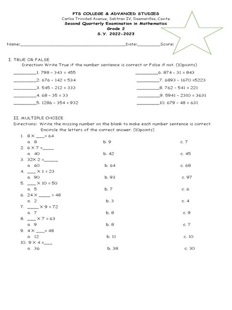 Grade 2 Second Quarterly Examination In Mathematics Pdf Science Mathematics