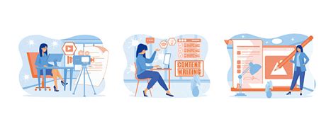 콘텐츠 작성자 개념입니다 카피 라이팅을 위한 콘텐츠 작가 또는 저널리스트 콘텐츠 작가 기사 또는 신문 작성 불릿 저널리스트 세트 플랫 벡터 현대 일러스트 레이 션 교열