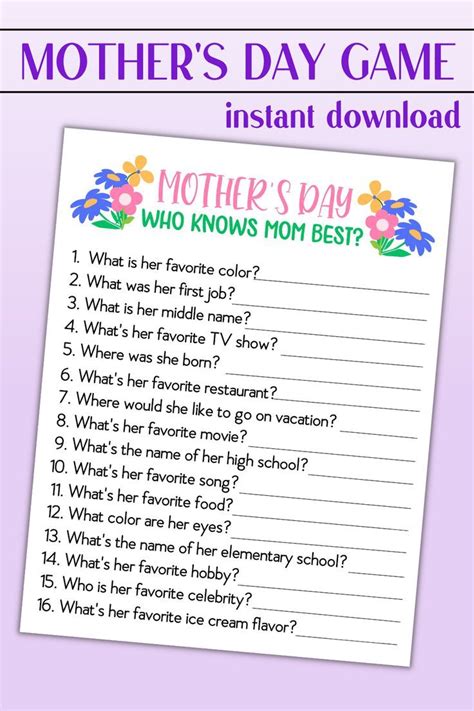 Mothers Day Game Printable Mothers Day Game Who Knows Mom Best Who