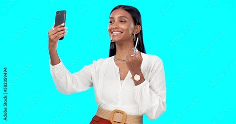 Woman Selfie And Lipstick By Studio Background For Beauty Cosmetics