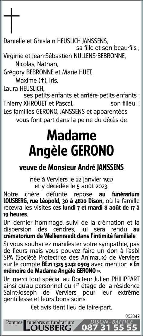 Avis De Décès De Angèle Gerono Décédé Le 05 08 2023 à Verviers