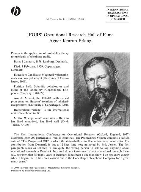 Pdf Ifors Operational Research Hall Of Fame Agner Krarup Erlang