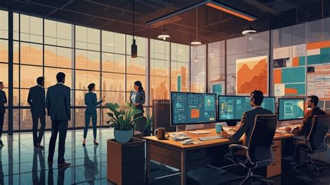 Business Concept Brainstorming Meeting Team Of Colleagues Working In A Cartoon Office Scene