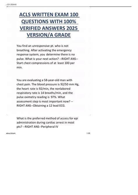 Acls Written Exam 100 Questions With 100 Verified Answers 2025 Version
