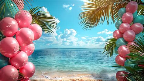 Summer Party Background With Balloons On A Beautiful Beach Premium Ai