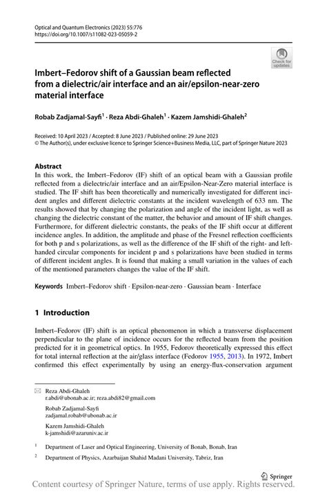 Imbertfedorov Shift Of A Gaussian Beam Reflected From A Dielectricair Interface And An Air