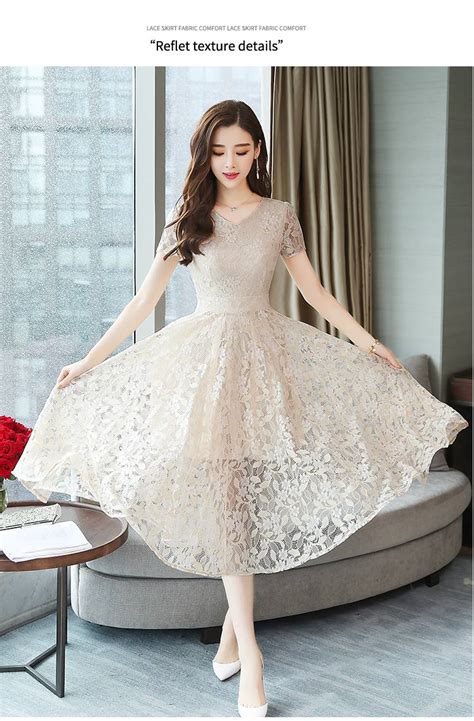 K Fashion Beige Floral Lace Midi Dress