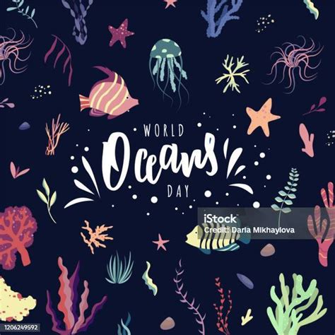 세계 해양의 날 손 문자 텍스트입니다 로고 배지 아이콘 카드 초대장 및 배너 템플릿용 타이포그래피 바다의 날 축하 인사말 카드입니다 구조에 대한 스톡 벡터 아트 및 기타