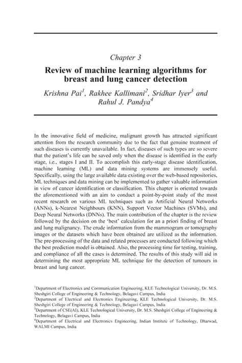 Paper On Machine Learning Algorithms For Breast And Lung Cancer Detection Krishna Pai Posted