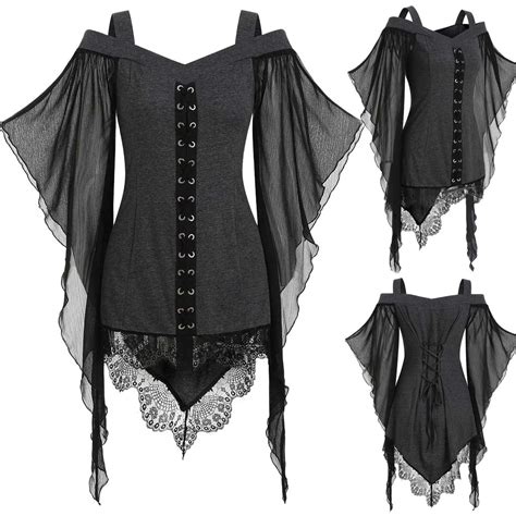 Wocleiliy Women Gothic Criss Cross Lace Insert Sleeve T Shirt Plus Size Tops