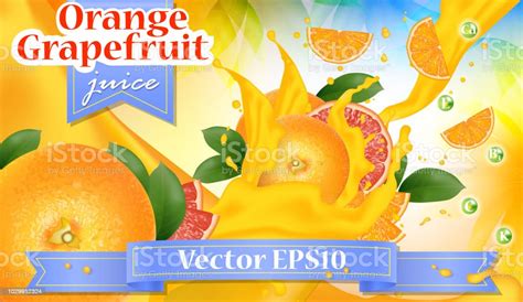 오렌지와 자 몽 주스 광고입니다 Splashing 맛있게 잘라 진된 과일입니다 현실적인 3d 패키지 디자인을 시작 광고 템플릿 홍보 배너입니다 벡터 3차원 형태에 대한 스톡
