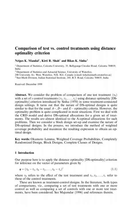 Pdf Comparison Of Test Vs Control Treatments Using Distance