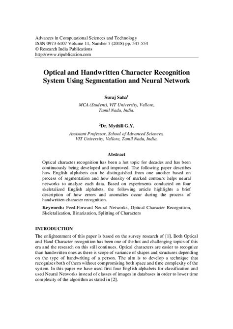 Pdf Optical And Handwritten Character Recognition System Using Segmentation And Neural Network