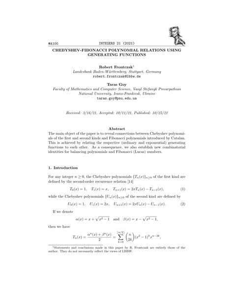 Pdf Chebyshev Fibonacci Polynomial Relations Using Generating Functions