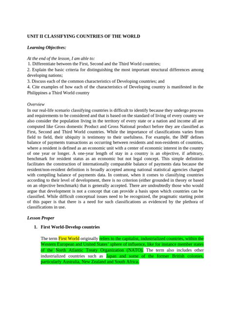 Unit Ii Classifying Countries Of The World Pdf