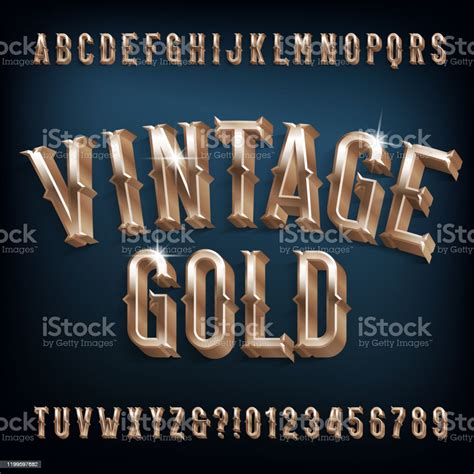 빈티지 골드 알파벳 글꼴입니다 3d 복고풍 황금 문자 숫자와 기호 문자에 대한 스톡 벡터 아트 및 기타 이미지 문자 베벨