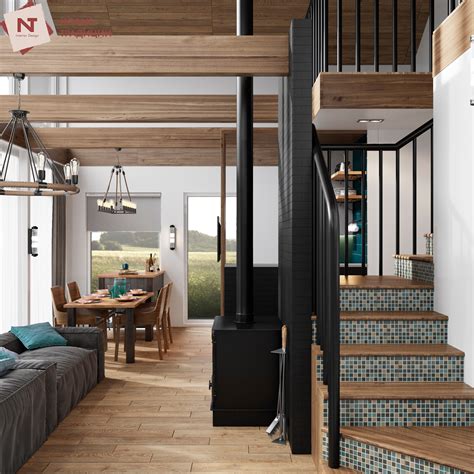 Интерьер гостиной в современном стиле и в стиле лофт с двухуровневыми на мансарде и в