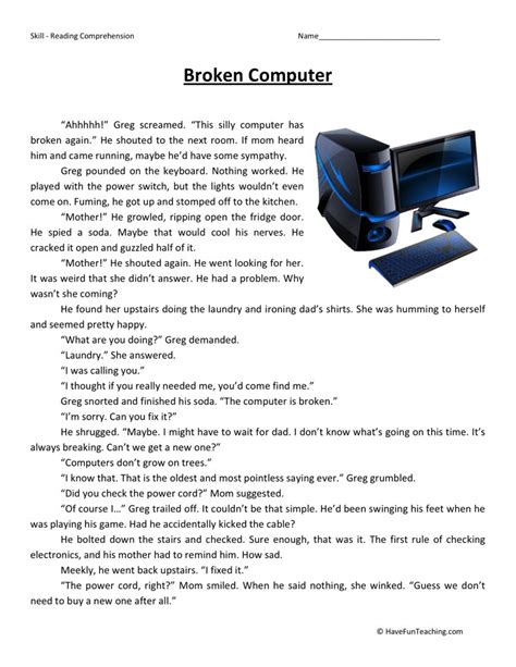 Broken Computer Reading Comprehension Worksheet By Teach Simple