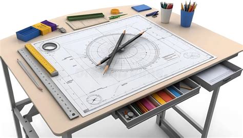 Architect S Drafting Table With Blueprint Instruments And Supplies