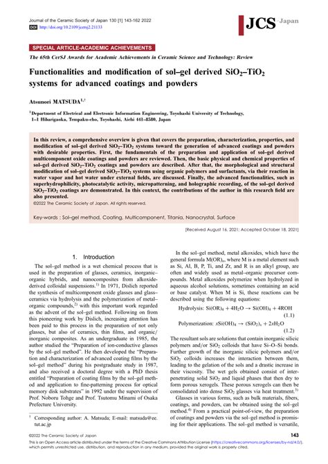 Pdf Functionalities And Modification Of Sol Gel Derived Sio2 Tio2 Systems For Advanced
