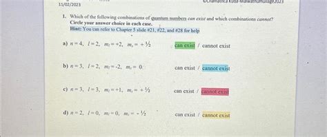 Solved Which Of The Following Combinations Of Quantum Chegg