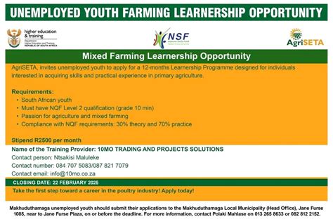Bophelo Foundation Unemployed Youth Farming Learnership Opportunity Stipend R2500 Per Month