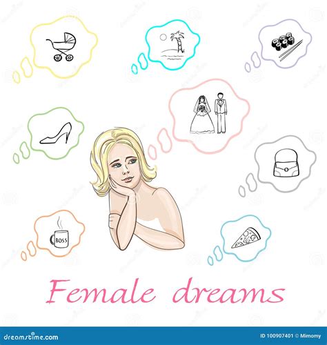 Set of female dreams in stock vector. Illustration of hope - 100907401