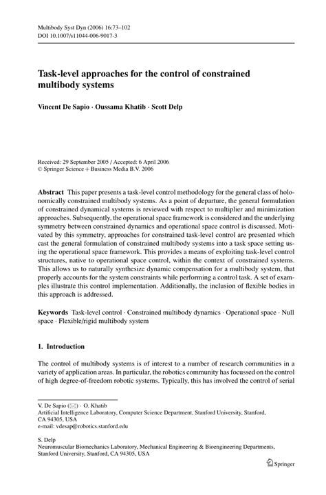 Pdf Task Level Approaches For The Control Of Constrained Multibody Systems