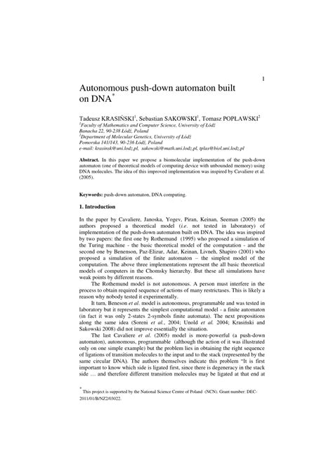 Pdf Autonomous Push Down Automaton Built On Dna