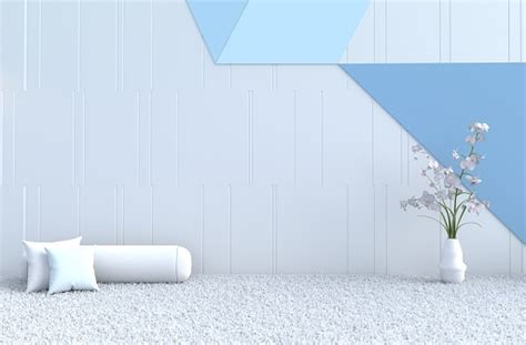 화이트 블루 룸 장식 흰색파란색 벽 베개 회색 백색 시멘트 바닥 카펫 유리 꽃병에 흰 난초 크리스마스의 일 그리고 새 해입니다 3d 렌더링입니다 가구에 대한 스톡 사진 및