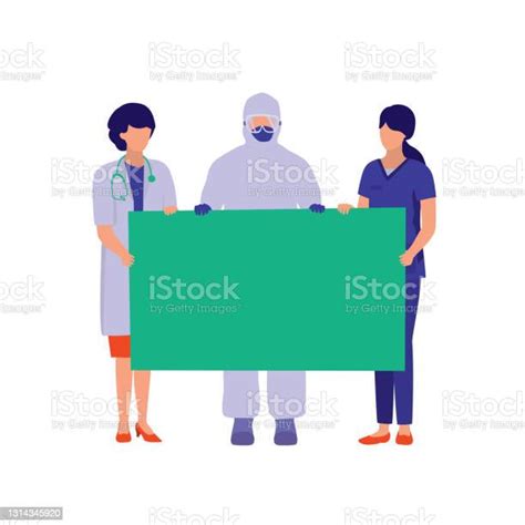빈 표지판을 들고 있는 의료진 공지 및 공지 개념 벡터 플랫 만화 일러스트레이션 3 명에 대한 스톡 벡터 아트 및 기타 이미지 3 명 간호사 개념 Istock