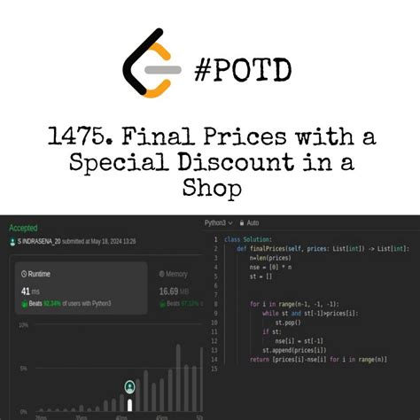 s indrasena on linkedin leetcode python dsa problem1475 stack finalprices problemsolved