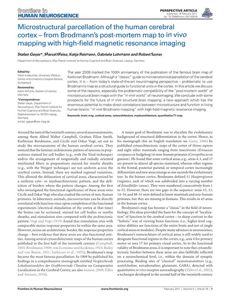 Microstructural Parcellation Of The Human Cerebral Cortex From Brodmanns Post Mortem Map To