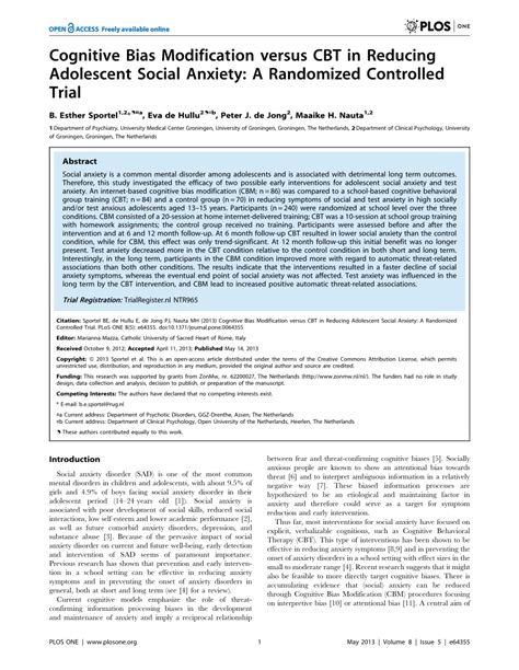 Pdf Cognitive Bias Modification Versus Cbt In Reducing Adolescent Social Anxiety A Randomized