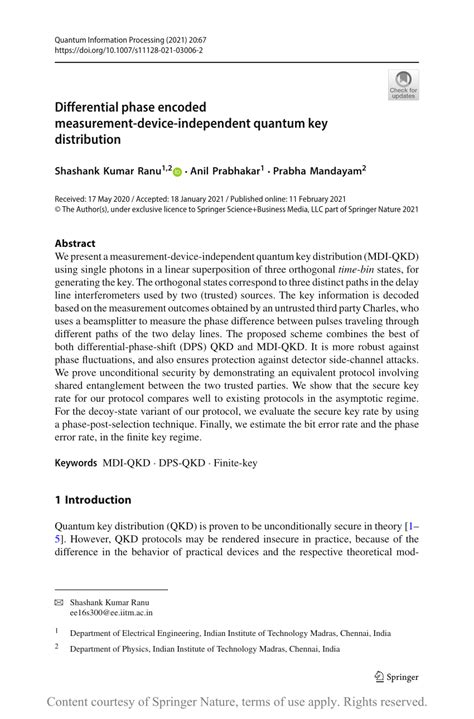 Differential Phase Encoded Measurement Device Independent Quantum Key Distribution Request Pdf