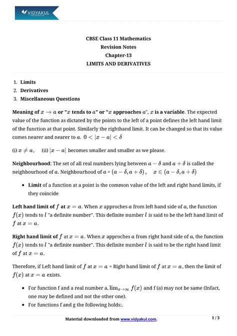 Class 11th Math Limits And Derivatives Formulas Cbse 2023