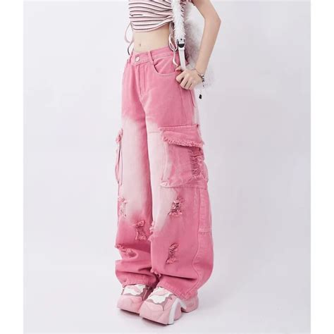 Badu Bg Дамски розови дънки с контрастни цветове с висока талия