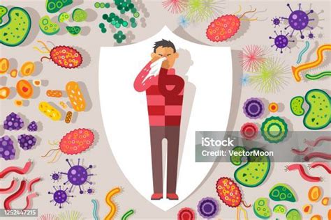 세균및 바이러스에 대하여 보호 아픈 사람들 벡터 삽화 손수건 재채기 빨간 코 미생물을 가진 차가운 사람 건강관리와 의술에 대한 스톡 벡터 아트 및 기타 이미지 Istock