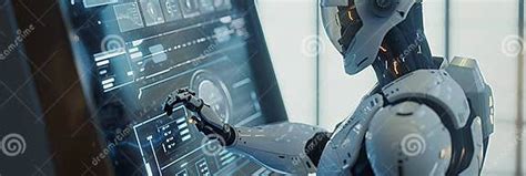 A Futuristic Humanoid Robot Interacts With A Large Touchscreen Interface Displaying Various Ai