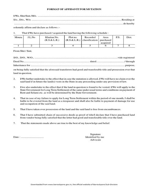 Sdo Bkp Format Of Affidavit For Mutation Pdf Pdf Virtue Private Law