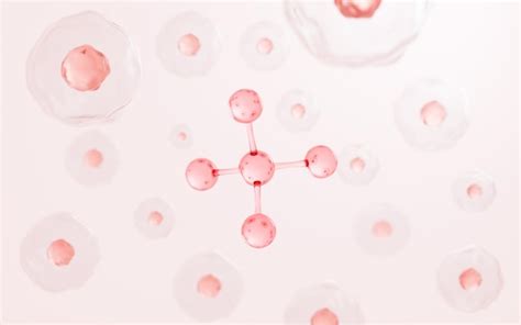 분홍색 배경 피부 치료 생물학 및 의학 개념 3d 렌더링에 떠 있는 분자 및 세포 프리미엄 사진