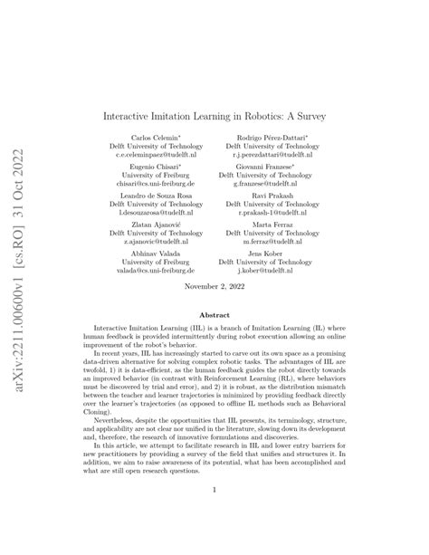 Pdf Interactive Imitation Learning In Robotics A Survey