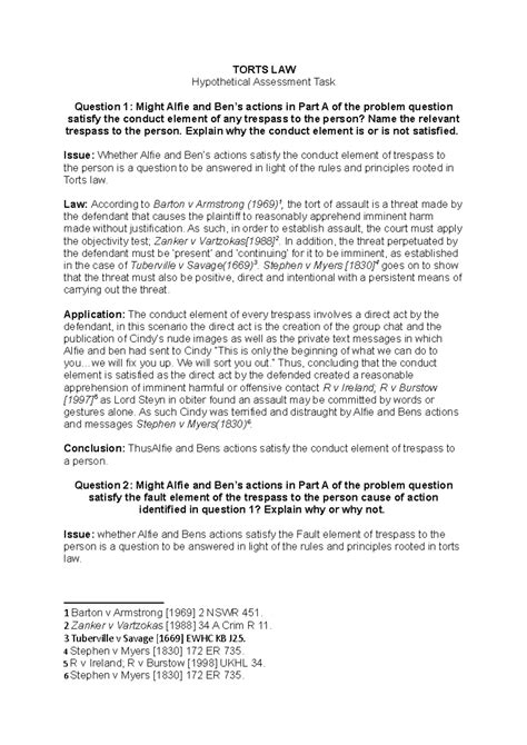 Torts Law Assignment TORTS LAW Hypothetical Assessment Task Question Might Alfie And Bens