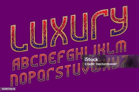 럭셔리 패턴 알파벳 빨간색 파란색 편지 빈티지 글꼴 황금 장식입니다 격리 된 영어 알파벳입니다 0명에 대한 스톡 벡터 아트 및