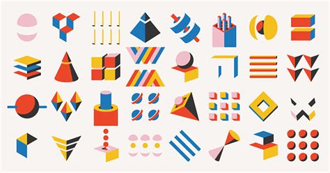 추상적이고 기하학적이며 대담하고 바우하우스에서 영감을 받은 패턴으로 체적 도형이 특징입니다 동적 모양과 선 벡터 3차원 형태에